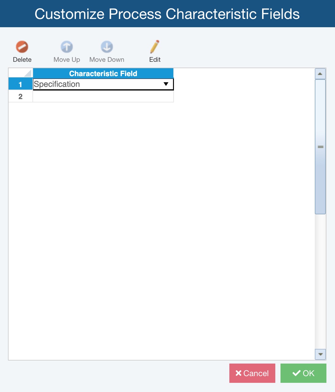 Using The Customize Process Characteristics Fields Dialog